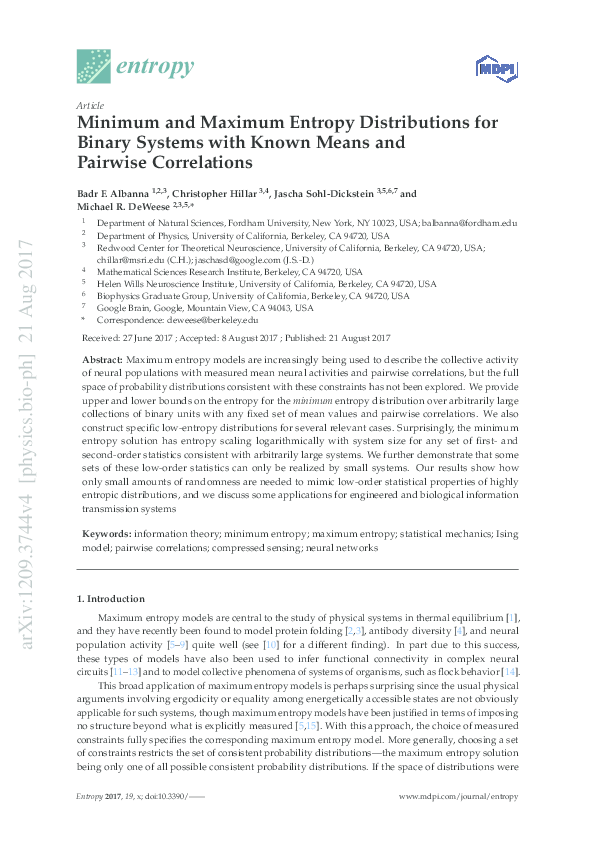 (PDF) Minimum and maximum entropy distributions for binary systems with known means and pairwise ...