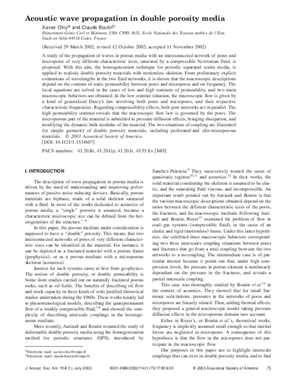 Pdf Acoustic Wave Propagation In Double Porosity Media