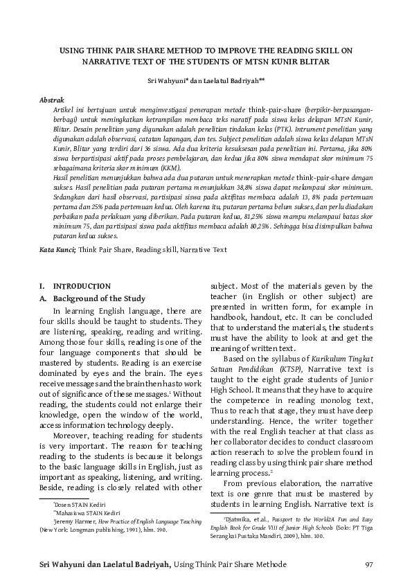 (PDF) USING THINK PAIR SHARE METHOD TO IMPROVE THE READING SKILL ON NARRATIVE TEXT OF THE ...