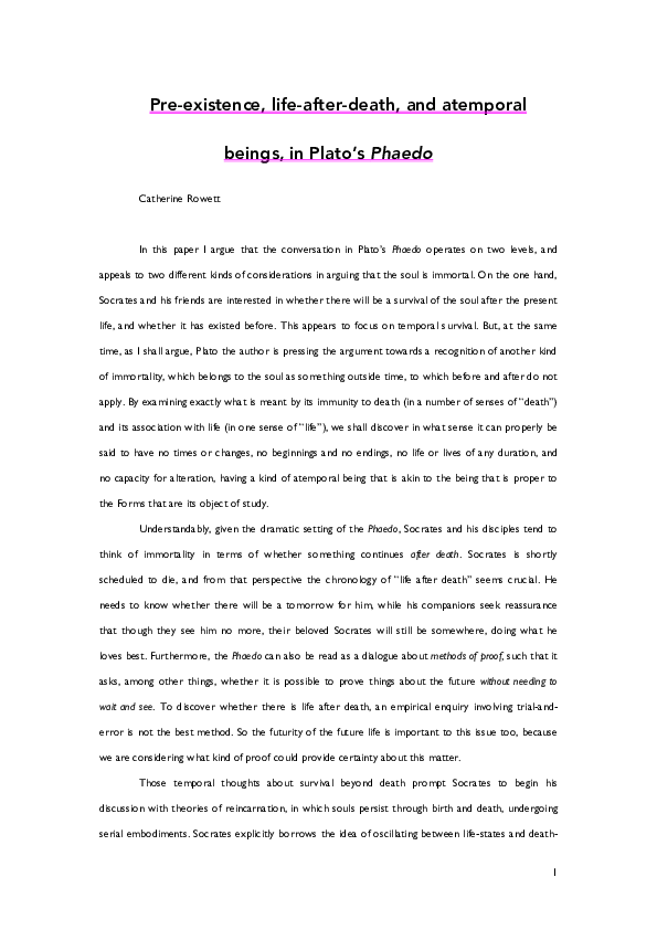 (PDF) Pre-existence, life-after-death, and atemporal beings, in Plato's ...