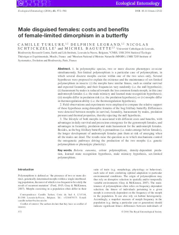 (PDF) Male disguised females: costs and benefits of female-limited ...