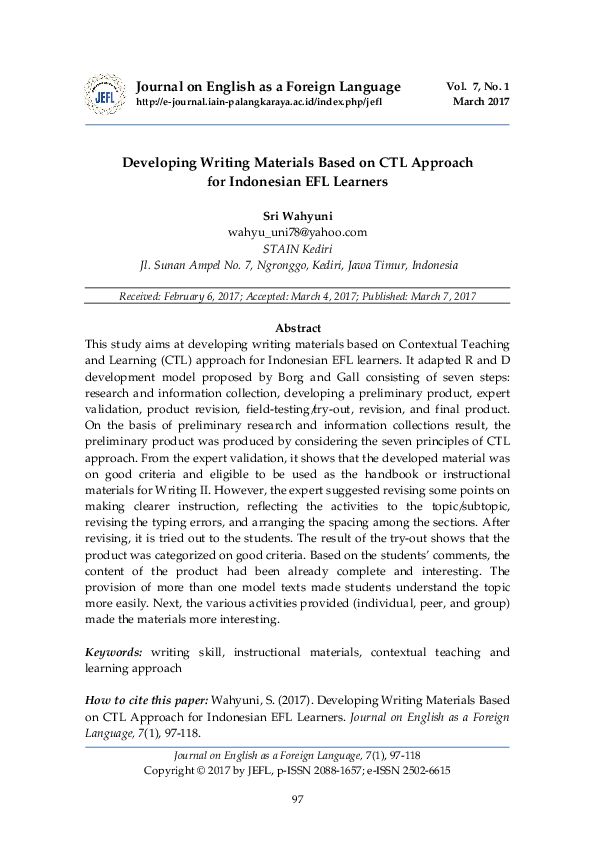 (PDF) Developing Writing Materials Based on CTL Approach for Indonesian EFL Learners