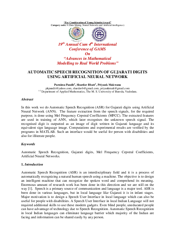 Pdf Automatic Speech Recognition Of Gujarati Digits Using Artificial Neural Network
