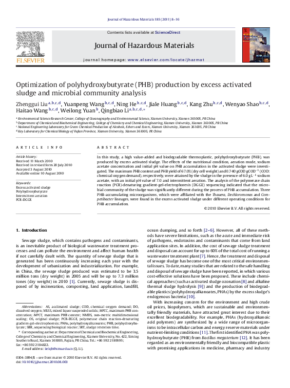 (PDF) Optimization of polyhydroxybutyrate (PHB) production by excess activated sludge and ...