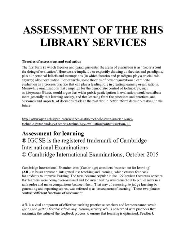 (DOC) ASSESSMENT OF THE RHS LIBRARY SERVICES Theories of assessment and ...