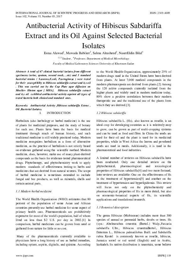 (PDF) Antibacterial Activity of Hibiscus Sabdariffa Extract and its Oil Against Selected ...