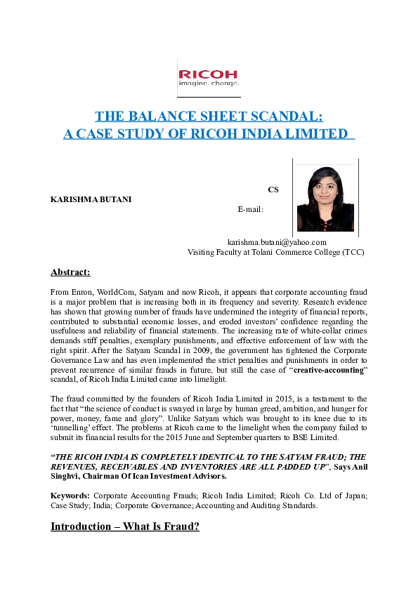 (DOC) THE BALANCE SHEET SCANDAL: A CASE STUDY OF RICOH INDIA LIMITED