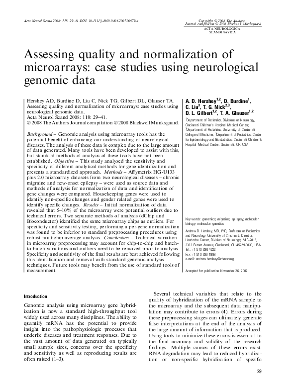 (PDF) Assessing quality and normalization of microarrays: case studies using neurological ...