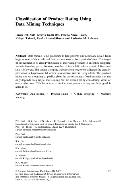 (PDF) Classification of Product Rating Using Data Mining Techniques