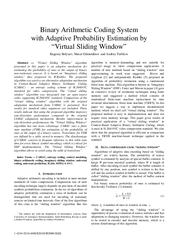 (PDF) Binary Arithmetic Coding System with Adaptive Probability Estimation by "Virtual Sliding ...