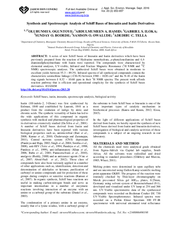 (PDF) Synthesis and Spectroscopic Analysis of Schiff Bases of Imesatin and Isatin Derivatives