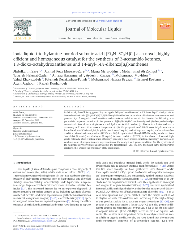 (PDF) Ionic liquid triethylamine-bonded sulfonic acid {[Et3N–SO3H]Cl} as a novel, highly ...