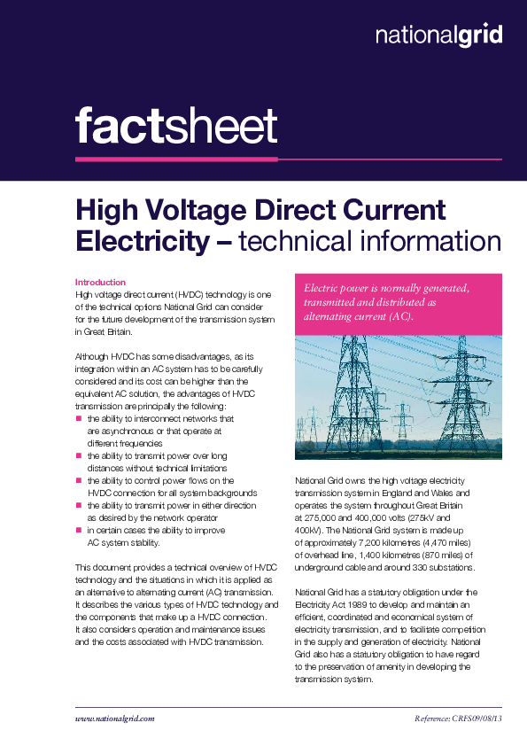 (PDF) High Voltage Direct Current Electricity – technical information
