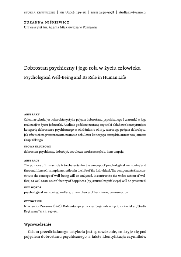 (PDF) Dobrostan psychiczny i jego rola w życiu człowieka