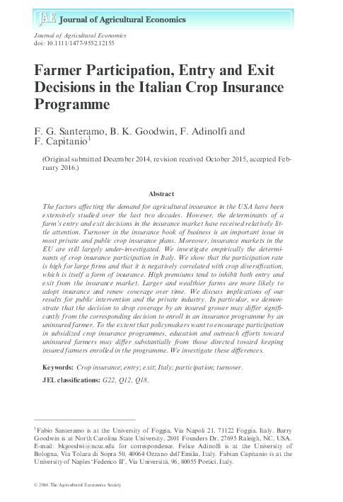 (PDF) Farmer Participation, Entry and Exit Decisions in the Italian ...