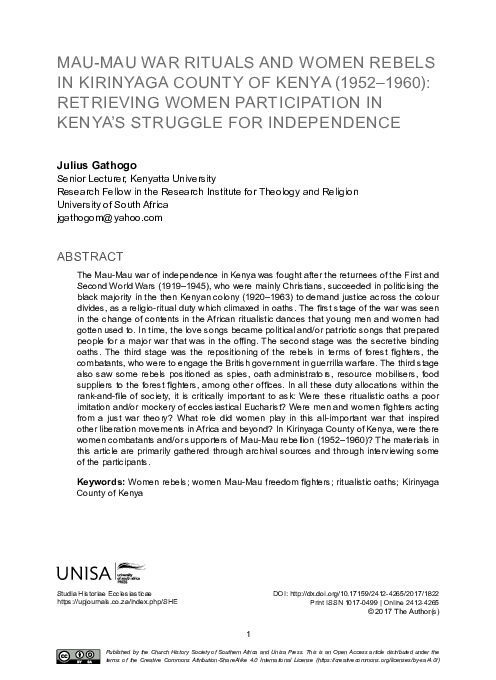 (PDF) Mau-Mau Women Rebels in Kirinyaga County of Kenya (1952-1960 ...