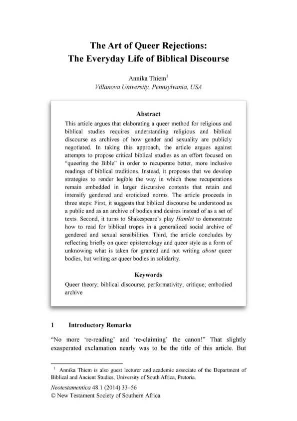 (PDF) The Art of Queer Rejections: The Everyday Life of Biblical Discourse