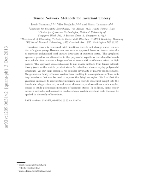 (PDF) Tensor network methods for invariant theory