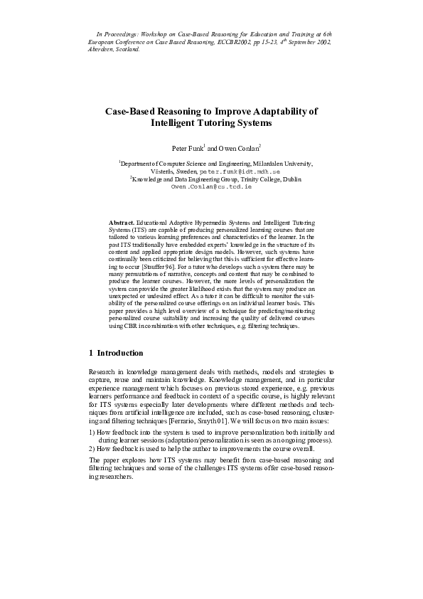 (PDF) Case-based reasoning to improve adaptability of intelligent tutoring systems