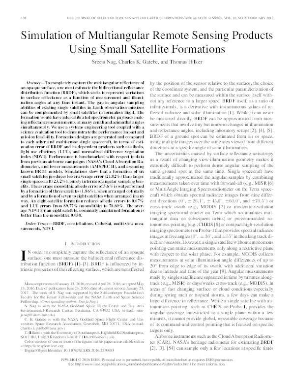 Pdf Simulation Of Multiangular Remote Sensing Products Using Small Satellite Formations 