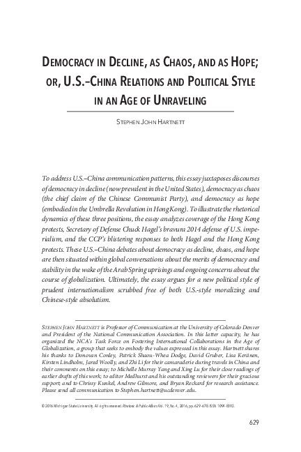 (PDF) Democracy in Decline, as Chaos, and as Hope: U.S.-China Relations ...
