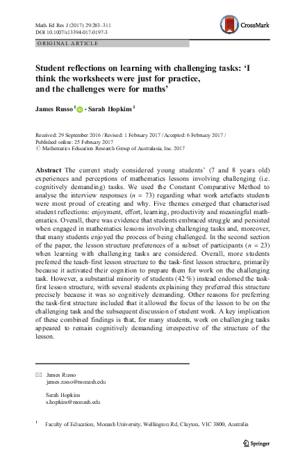 (PDF) Student reflections on learning with challenging tasks: 'I think ...
