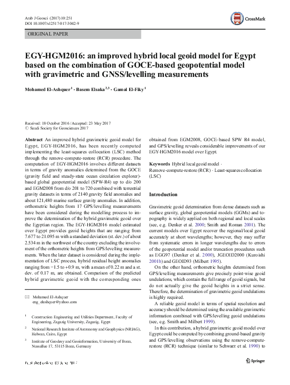 (PDF) EGY-HGM2016: an improved hybrid local geoid model for Egypt based on the combination of ...