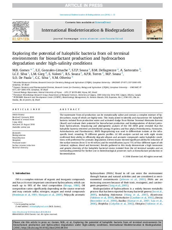 (PDF) Exploring the potential of halophilic bacteria from oil terminal environments for ...