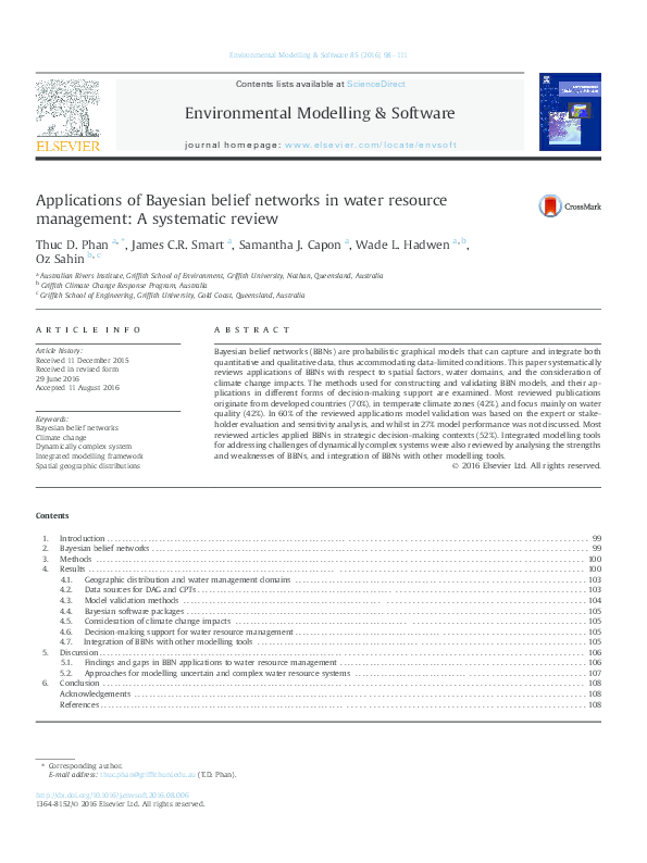 (PDF) Applications of Bayesian belief networks in water resource management: A systematic review