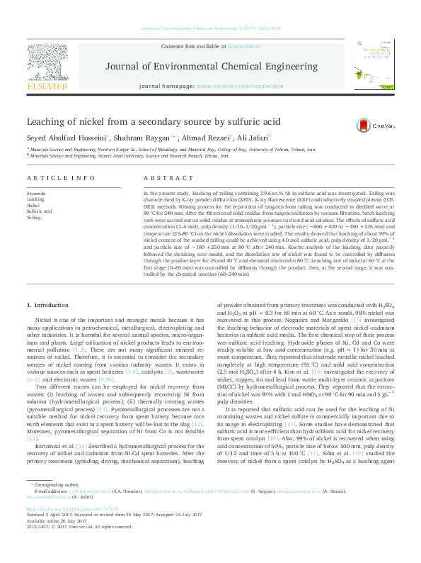(PDF) Leaching of nickel from a secondary source by sulfuric acid