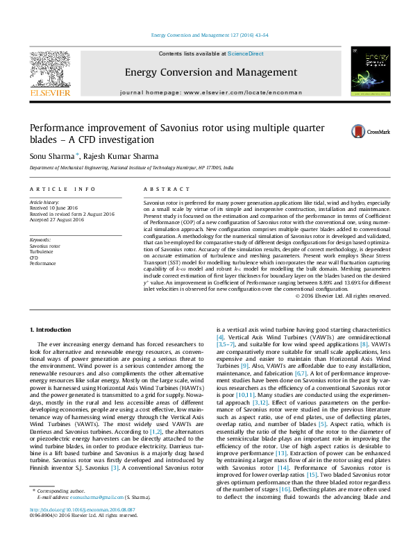 (PDF) Performance improvement of Savonius rotor using multiple quarter blades – A CFD investigation