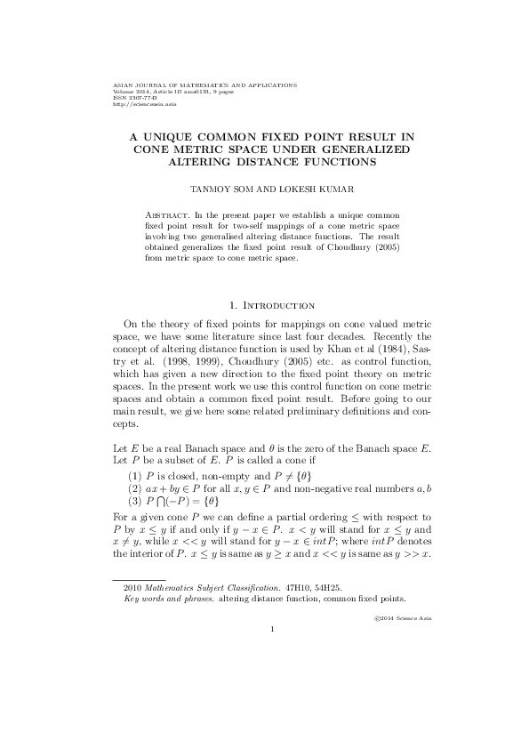(PDF) A Unique Common Fixed Point Result in Cone Metric Space Under ...