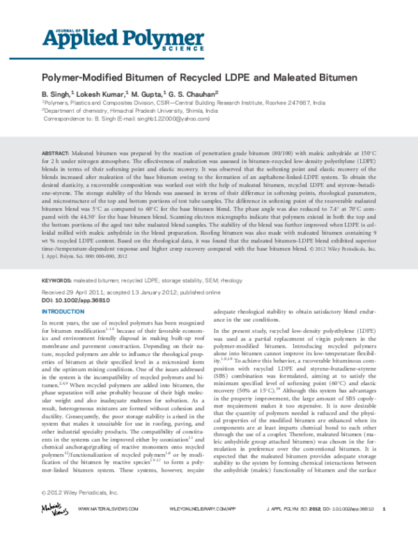 (PDF) Polymer-modified bitumen of recycled LDPE and maleated bitumen
