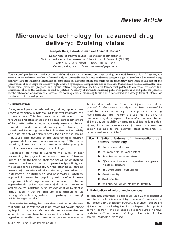 (PDF) Microneedle technology for advanced drug delivery: Evolving vistas