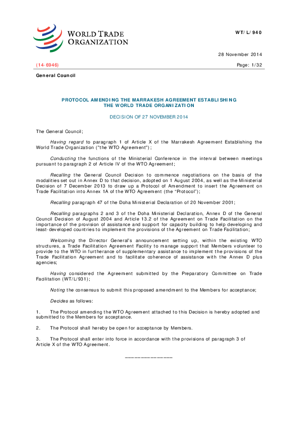 (PDF) Trade facilitation agreement wto