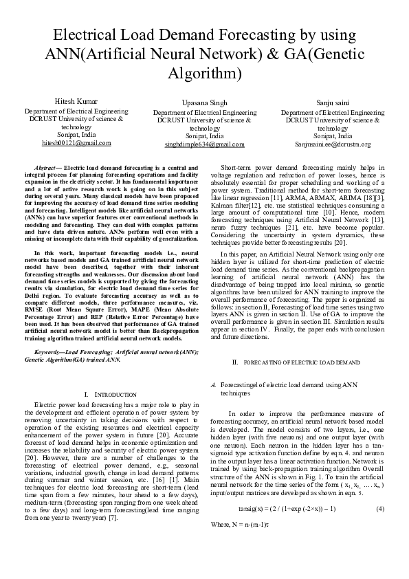 Electrical Load Demand Forecasting By Using Ann Artificial Neural Network And Ga Genetic Algorithm
