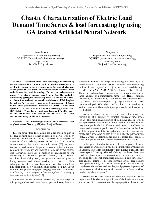 (PDF) Chaotic Characterization of Electric Load Demand Time Series & load forecasting by using ...