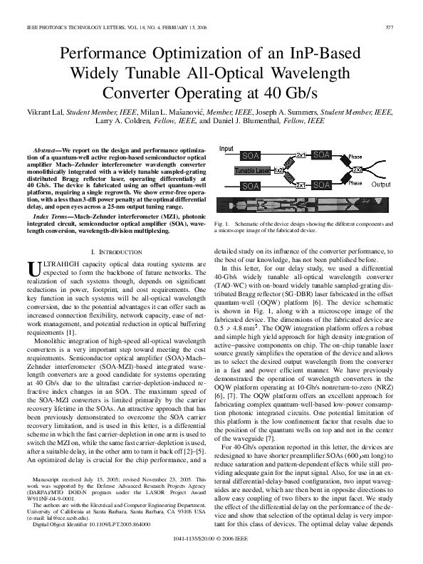 (PDF) Wavelength conversion using semiconductor optical amplifiers in differential Mach-Zehnder ...