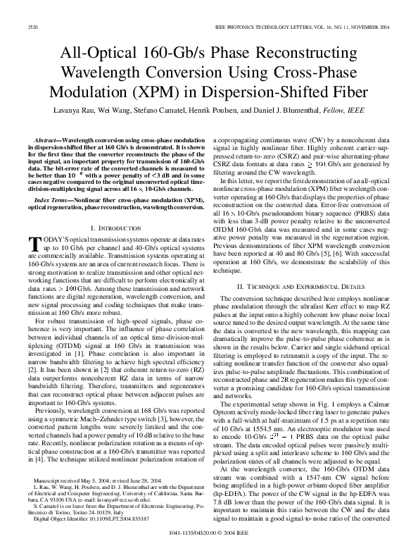 (PDF) All-Optical 160-Gb/s Phase Reconstructing Wavelength Conversion Using Cross-Phase ...