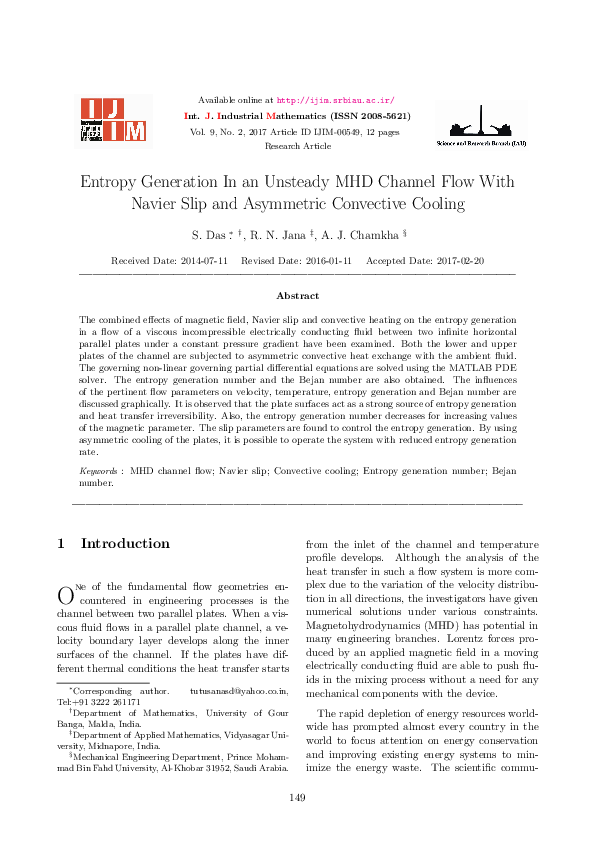 (PDF) Entropy Generation In an Unsteady MHD Channel Flow With Navier Slip and Asymmetric ...