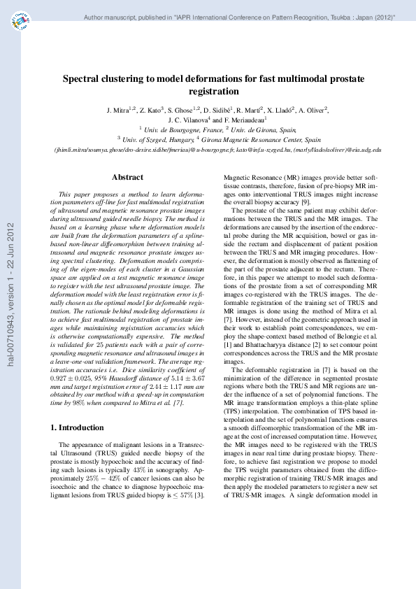 (PDF) Spectral clustering to model deformations for fast multimodal prostate registration