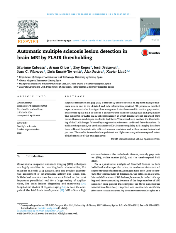 (PDF) Automatic multiple sclerosis lesion detection in brain MRI by FLAIR thresholding | Arnau ...