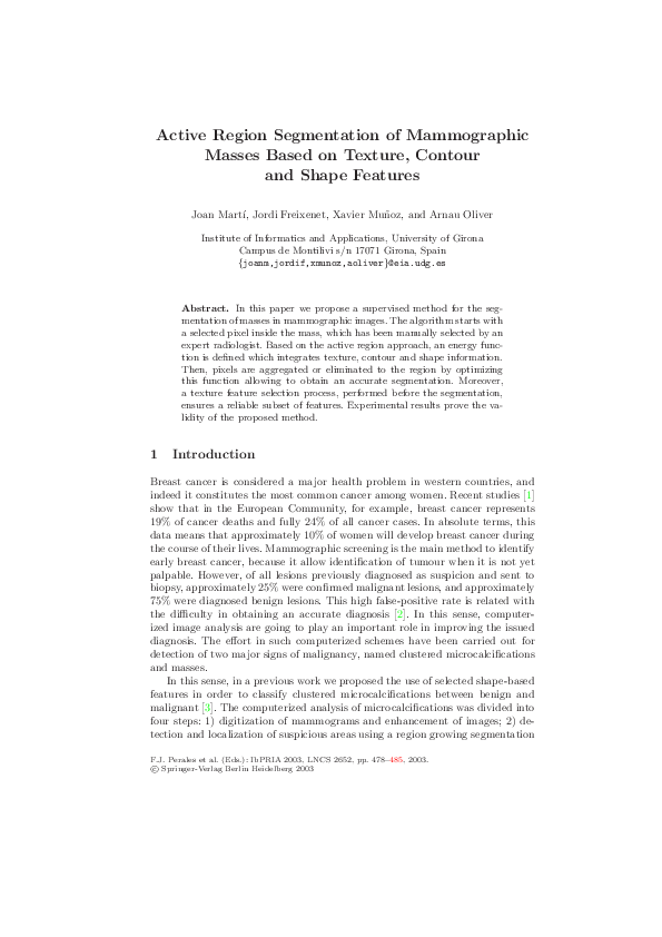 Pdf Active Region Segmentation Of Mammographic Masses Based On Texture Contour And Shape Features