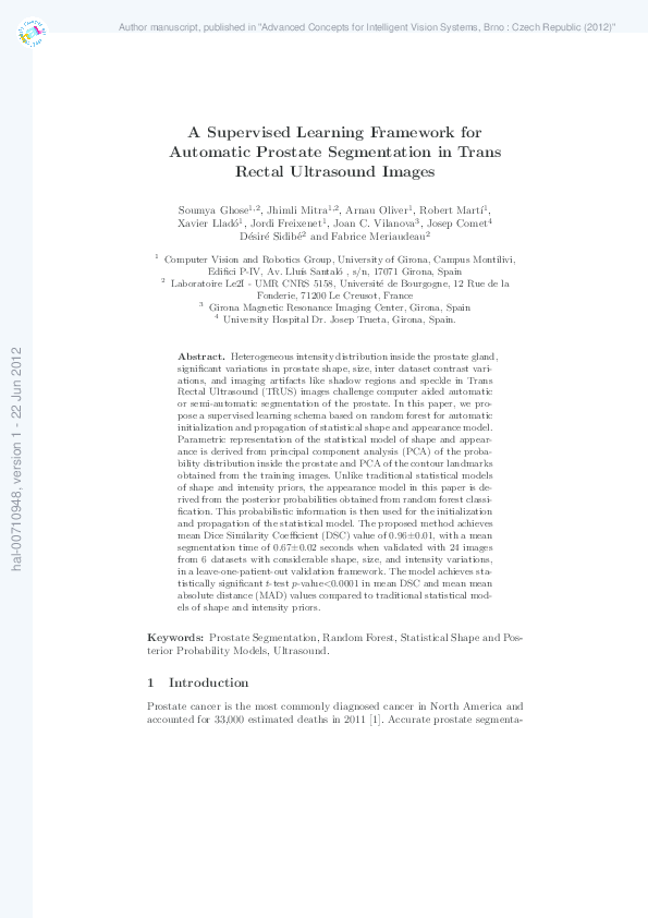 Pdf A Supervised Learning Framework For Automatic Prostate Segmentation In Trans Rectal