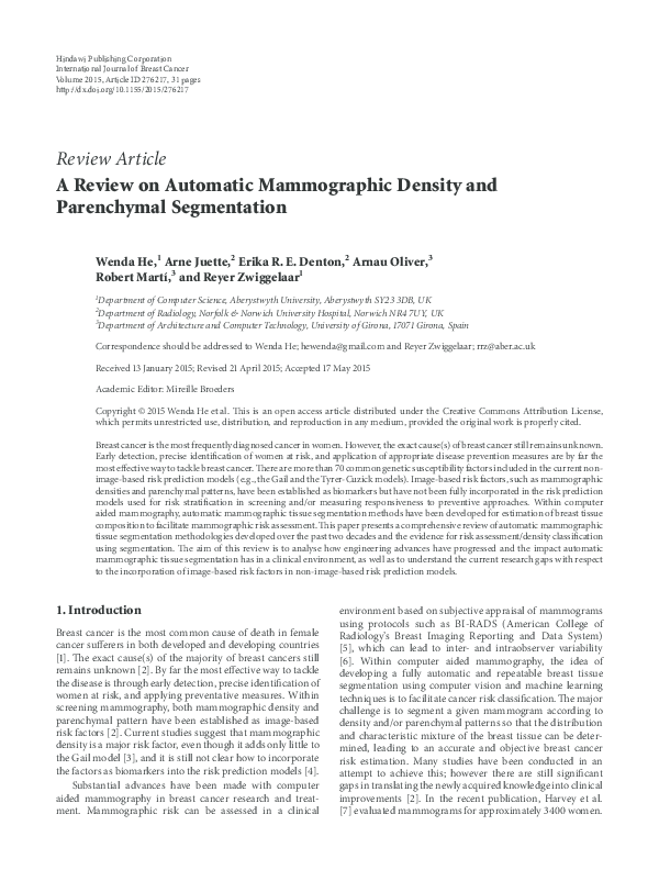 Pdf A Review On Automatic Mammographic Density And Parenchymal Segmentation