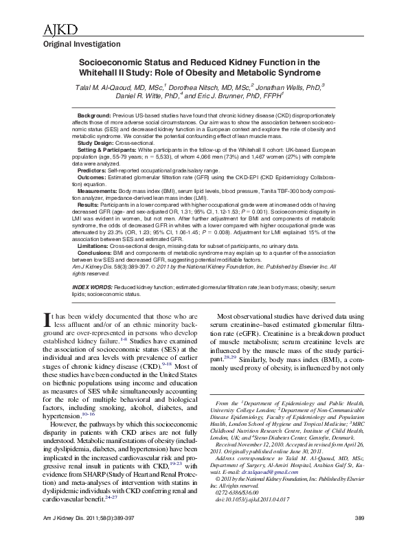 (PDF) Socioeconomic Status and Reduced Kidney Function in the Whitehall ...