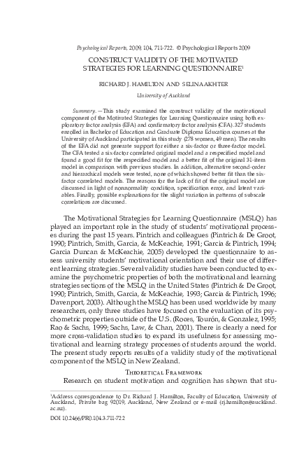 (PDF) Construct Validity of the Motivated Strategies for Learning ...