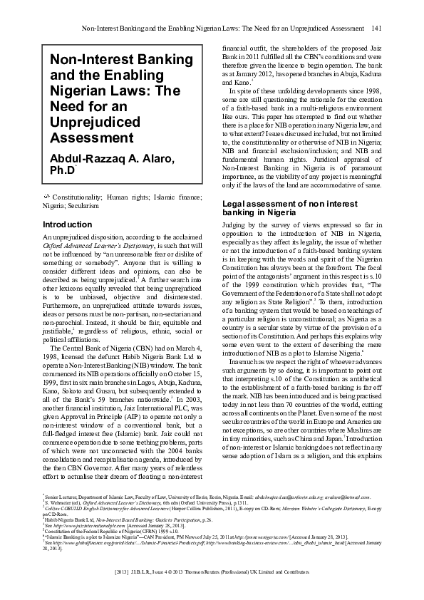 (PDF) Non-Interest Banking and the Enabling Nigerian Laws: The Need for ...