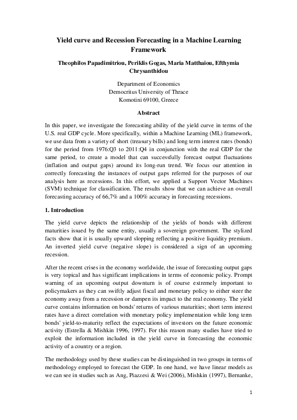 (PDF) Yield curve and Recession Forecasting in a Machine Learning Framework