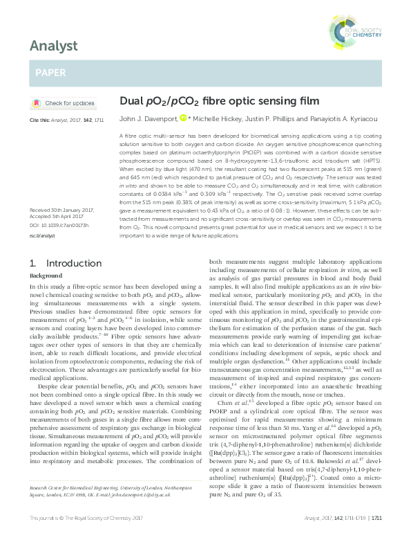 (PDF) Dual pO 2 /pCO 2 fibre optic sensing film
